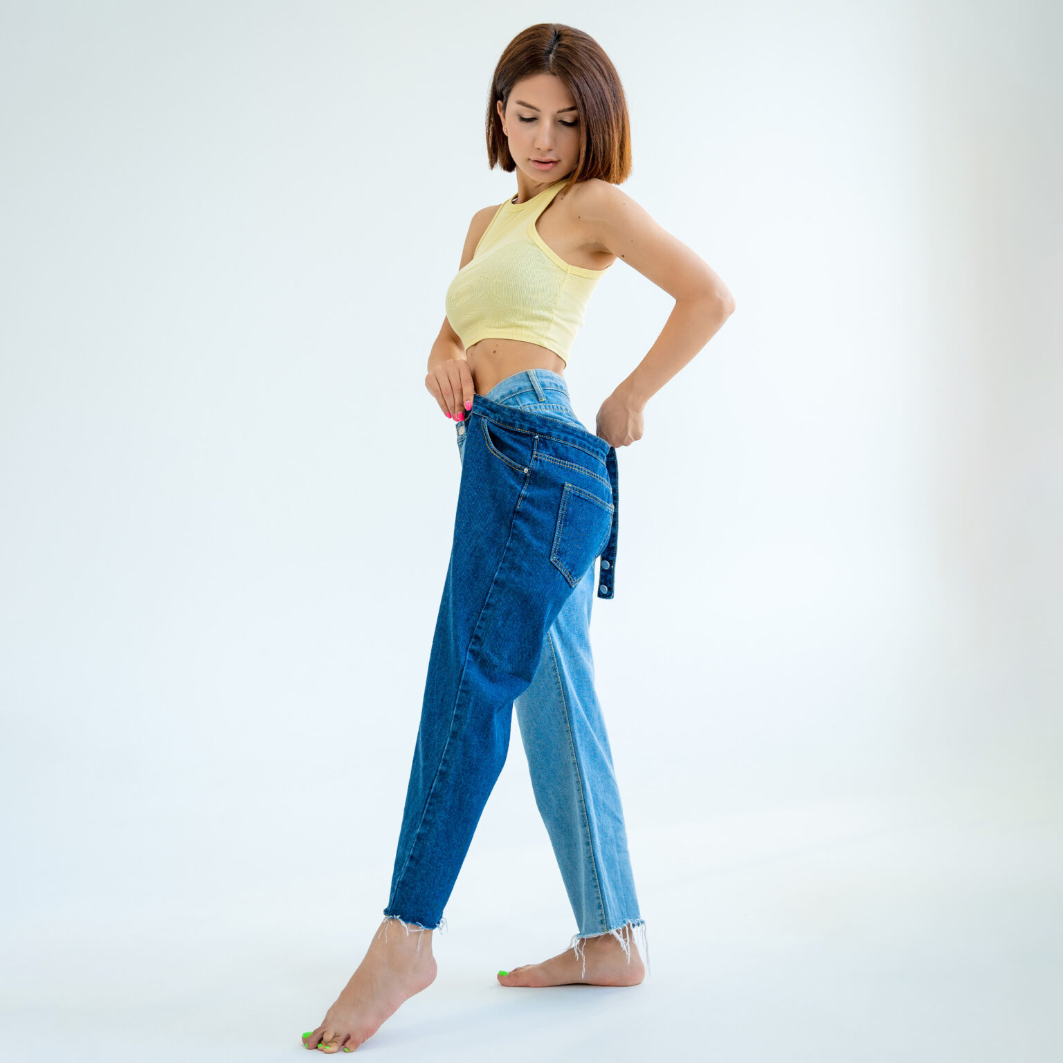 Wide Leg Jeans With Clasps At The Waist - Two Tones
