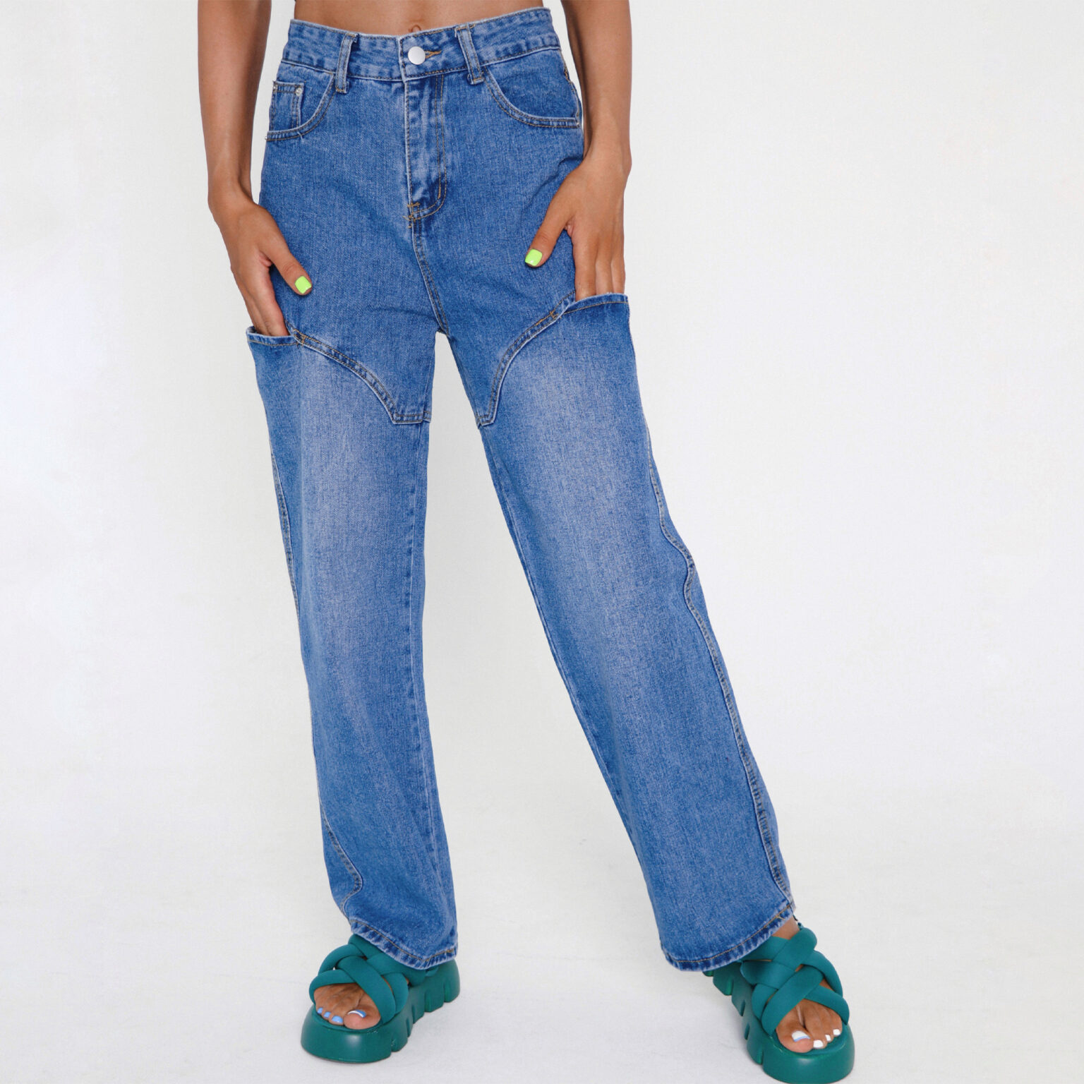 Wide Leg Jeans With Clasps At The Waist - Two Tones